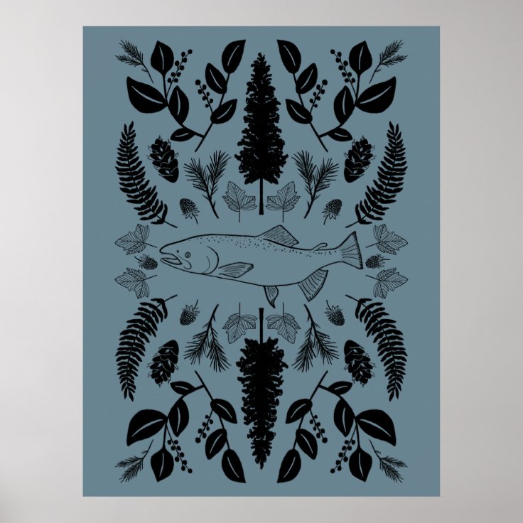 Salmon PNW Nature Fir Ferns Berries Forest Forage Poster | Zazzle