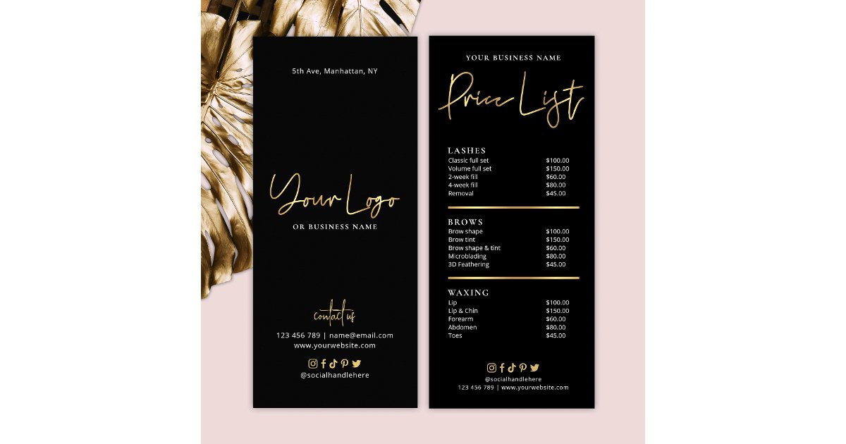 Salon Black & Faux Gold Logo Modern Price List Rack Card | Zazzle