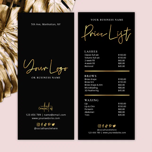 Salon Black & Faux Gold Logo Modern Price List Rack Card | Zazzle