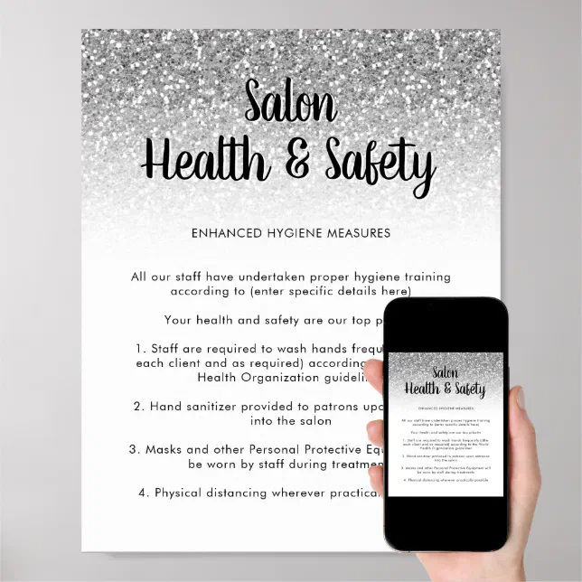Salon Covid Health Safety Poster Silver Glitter | Zazzle