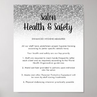 Salon Covid Health Safety Poster Silver Glitter | Zazzle