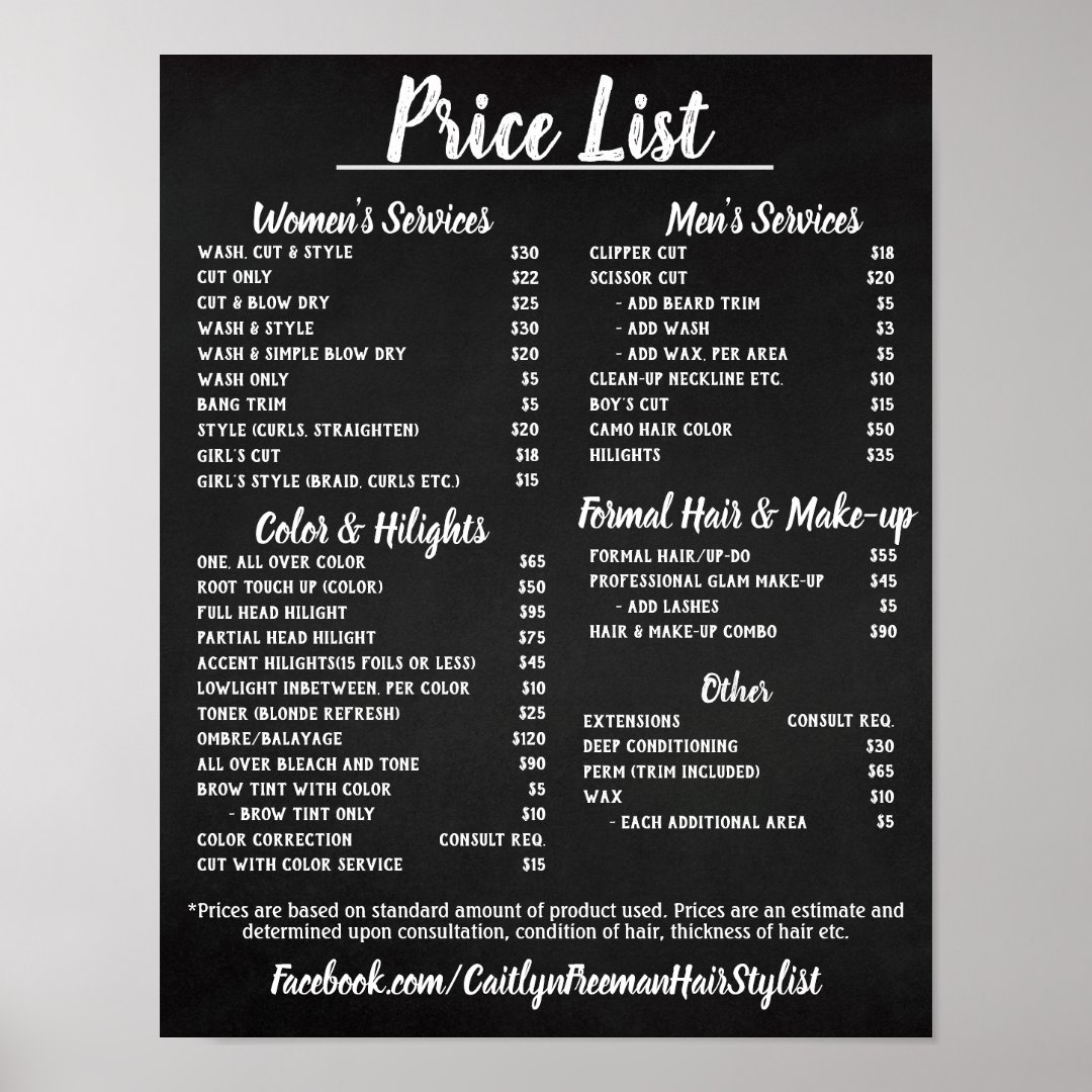 Salon Price LIst Poster | Zazzle