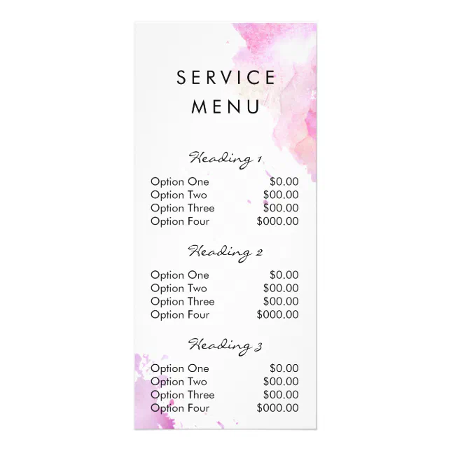 salon service menu watercolor paint splatter | Zazzle
