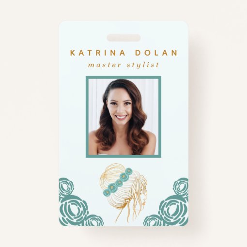 Salon Teal Gold Floral Updo Photo Hair Stylist Badge | Zazzle