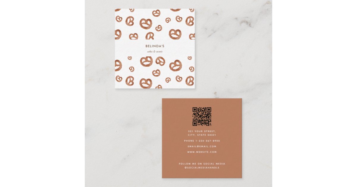 Salted Soft Watercolor Pretzel Pattern Square Business Card | Zazzle