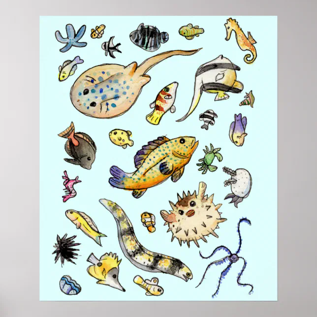 Saltwater Aquarium Fish Watercolor Poster | Zazzle