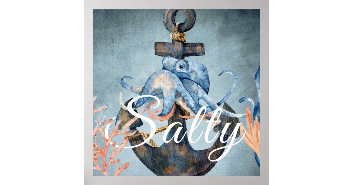 Salty Watercolor Octopus and Anchor Sea Life Beach Poster | Zazzle