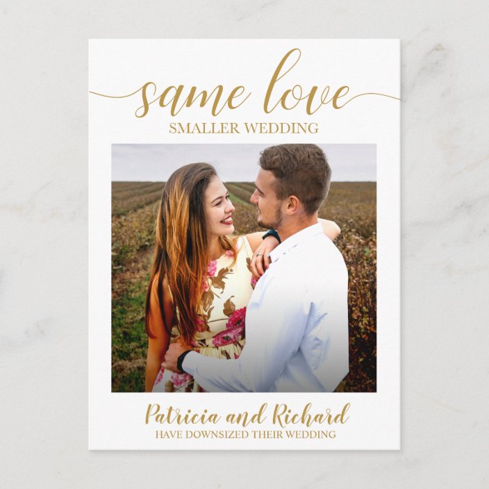 Same Love Downsize Wedding Announcement Photo Gold Postcard | Zazzle.com