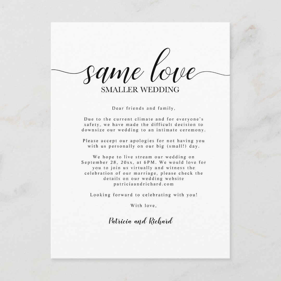 Same Love Smaller Wedding Downsize Wedding Postcard | Zazzle