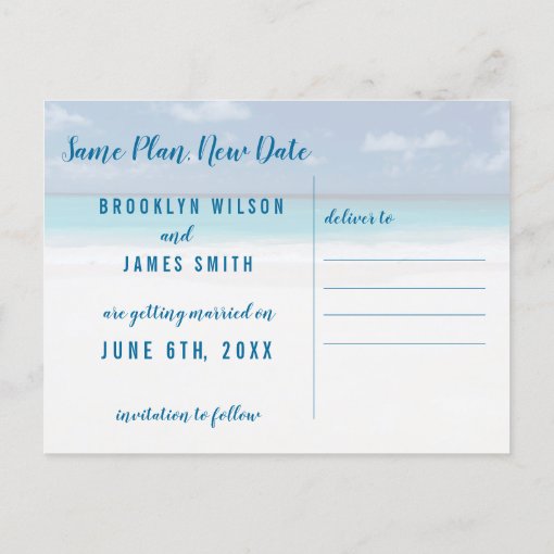 Same Plan New Date Beach Theme Save The Date Announcement Postcard | Zazzle