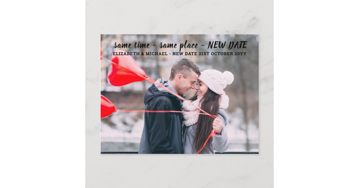 Same time place NEW DATE BUDGET Photo Wedding Postcard | Zazzle