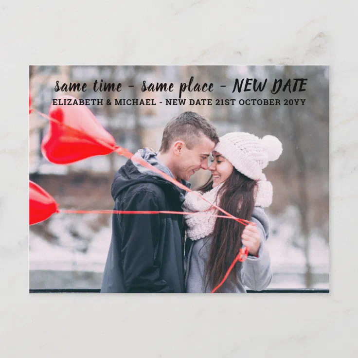 Same time place NEW DATE BUDGET Photo Wedding Postcard | Zazzle