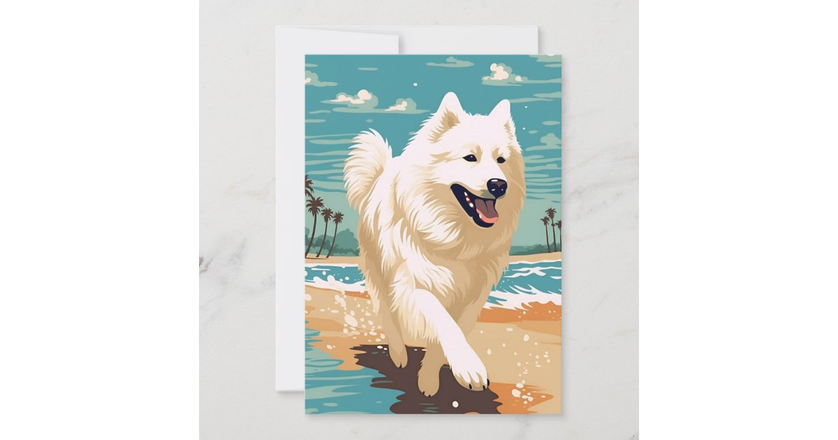 Samoyed at the beach holiday card | Zazzle