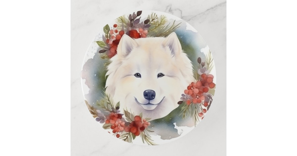 Samoyed Christmas Wreath Festive Pup Trinket Tray | Zazzle