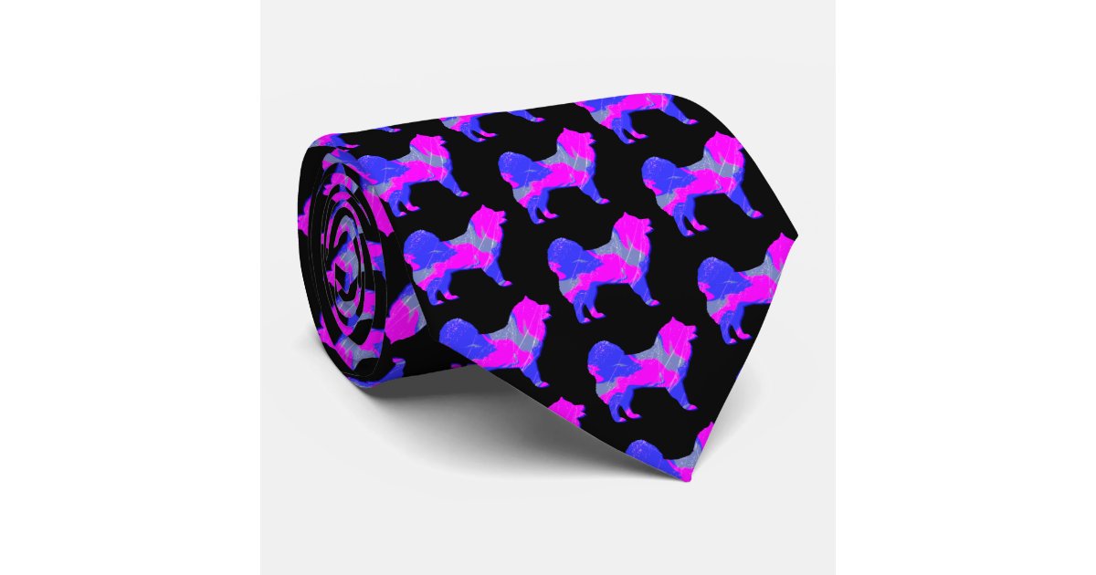 Samoyed Dog Silhouette Pink & Blue Light Black Neck Tie | Zazzle