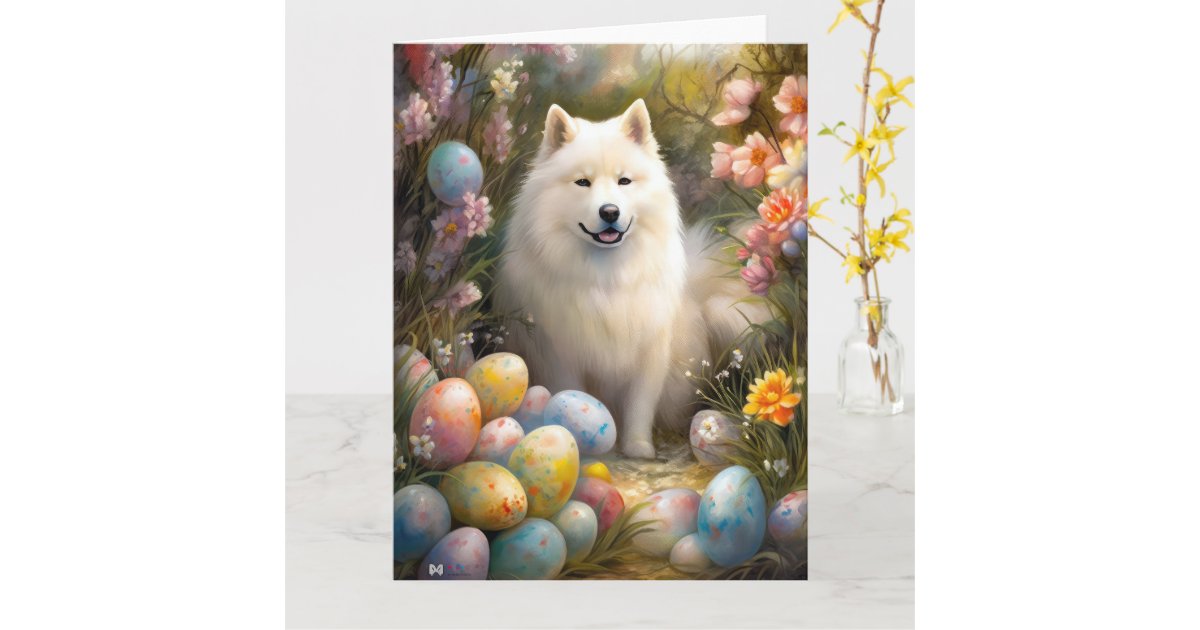 Samoyed Dog with Easter Eggs Holiday Card | Zazzle