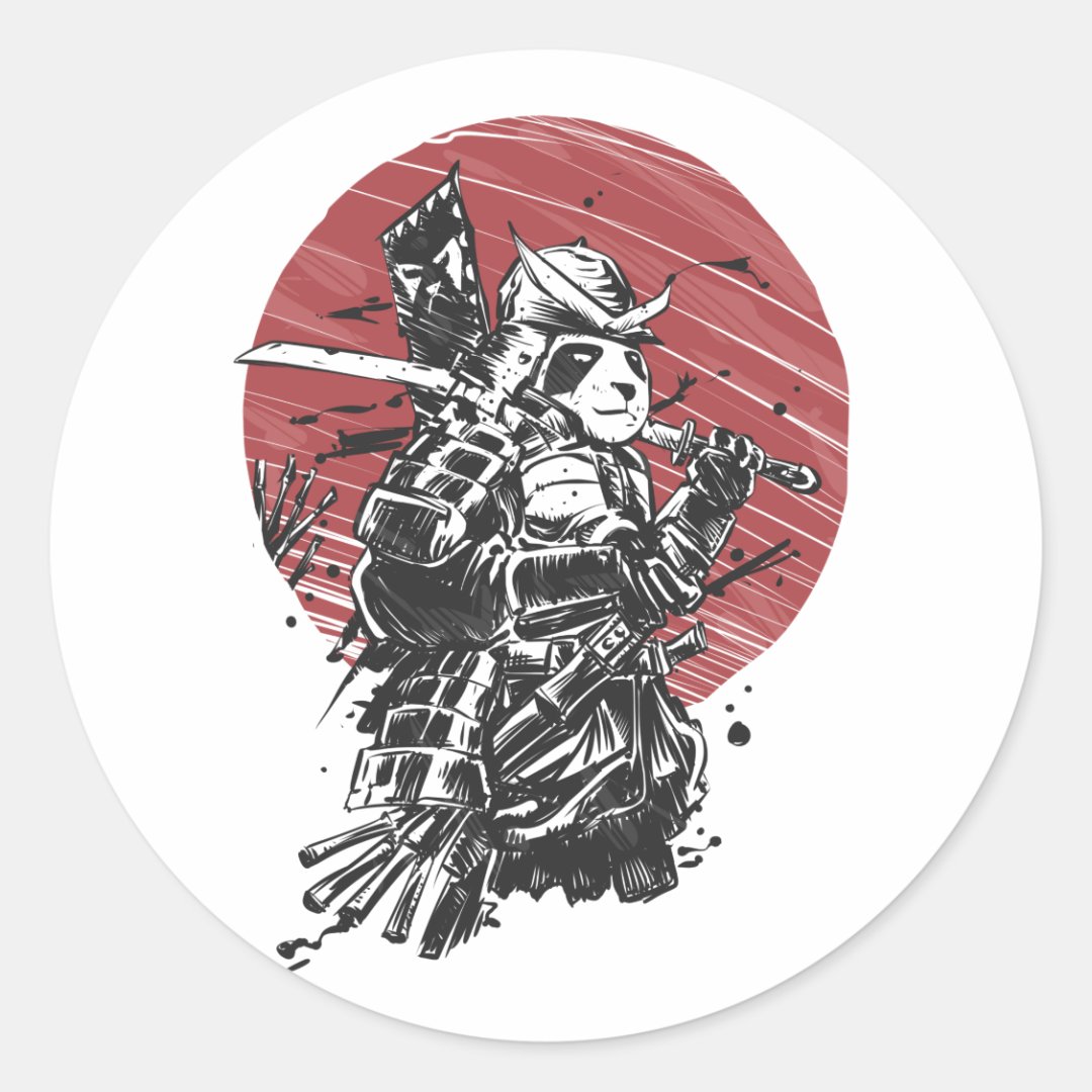 Samurai Panda Cartoon | Choose Background Color Classic Round Sticker ...