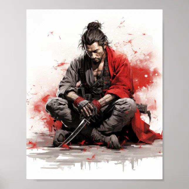 Samurai Warrior Crouching with Katana Sword Poster | Zazzle