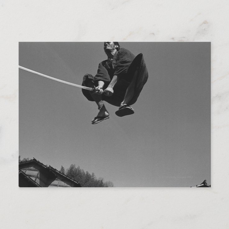 Samurai warrior jump attack with a sword 3 postcard | Zazzle