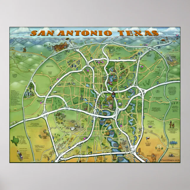 San Antonio Texas Cartoon Map Poster | Zazzle