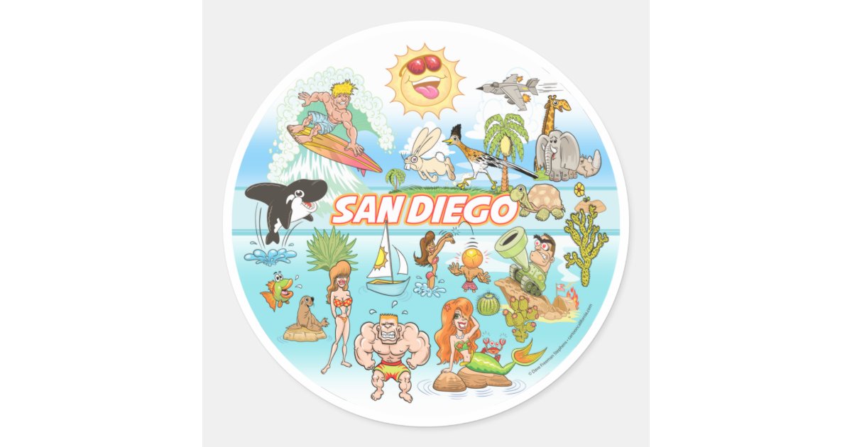 San Diego Cartoon Classic Round Sticker | Zazzle