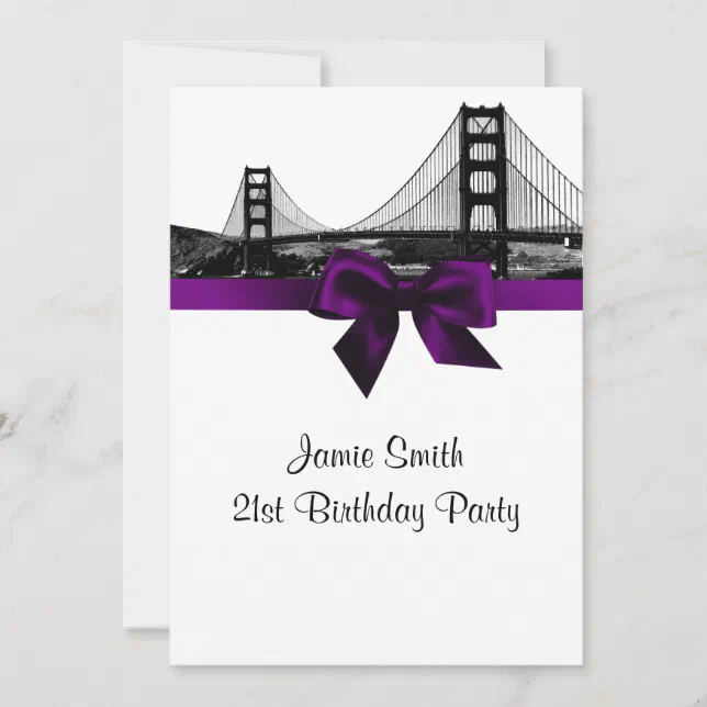 San Fran Skyline Etched BW Purple Birthday Party Invitation | Zazzle