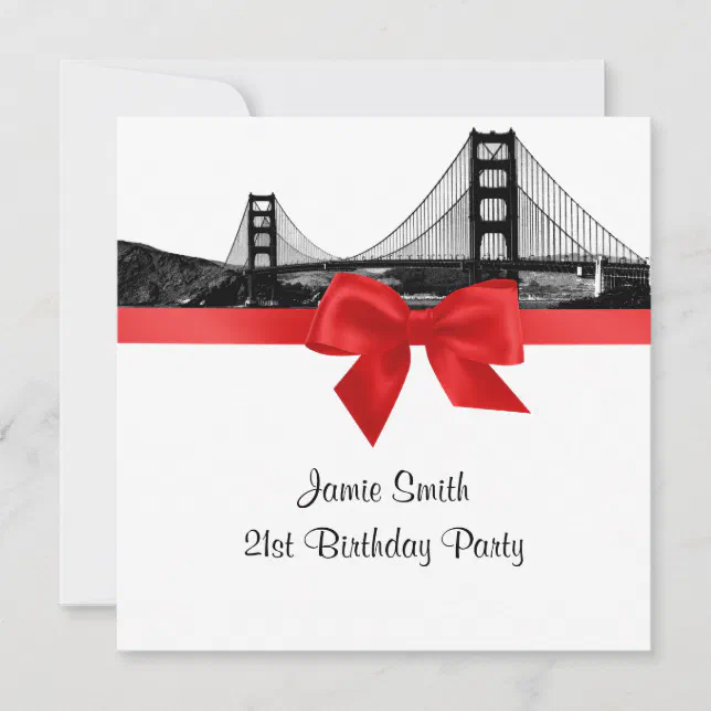 San Fran Skyline Etched BW Red SQ Birthday Party Invitation | Zazzle