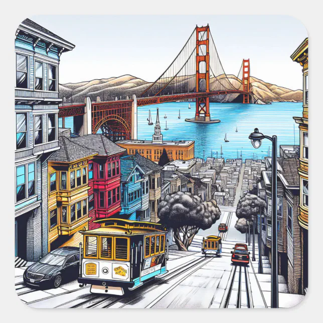 San Francisco, California Comic Book Style Art Square Sticker | Zazzle