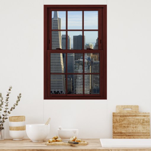 San Francisco Skyline Faux Cherry Wood Window Poster | Zazzle