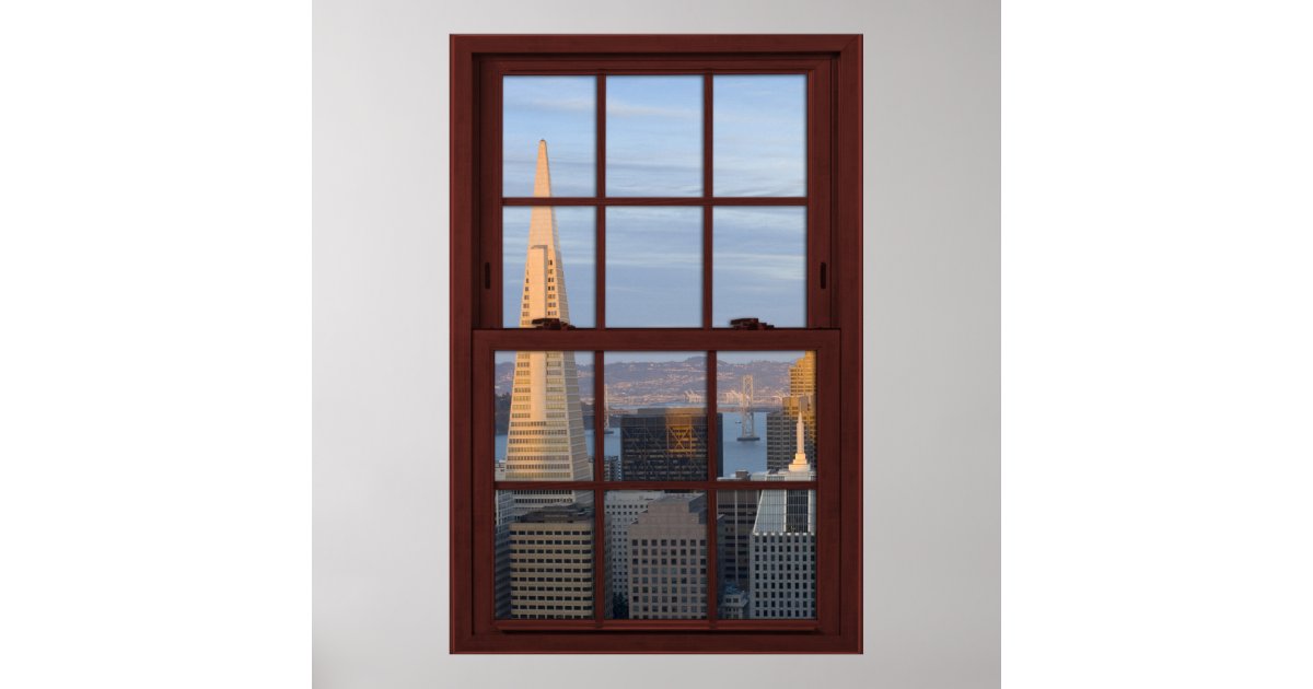 San Francisco Skyline Faux Cherry Wood Window Poster | Zazzle