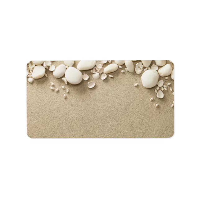 Sand, Beach Background with Shells and Stones Label | Zazzle