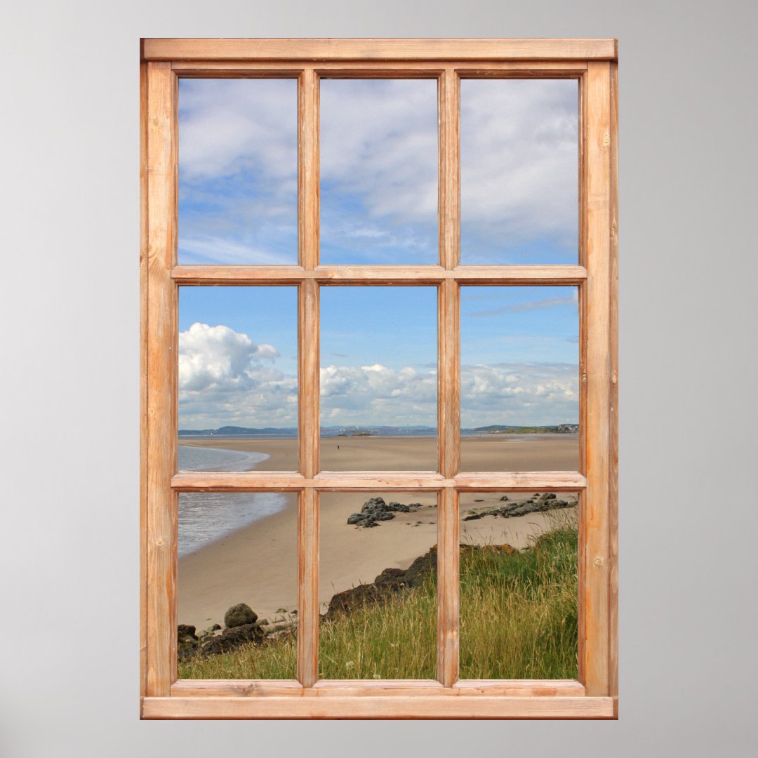 Sand Beach, Sea, and Sky View from a Window Poster | Zazzle