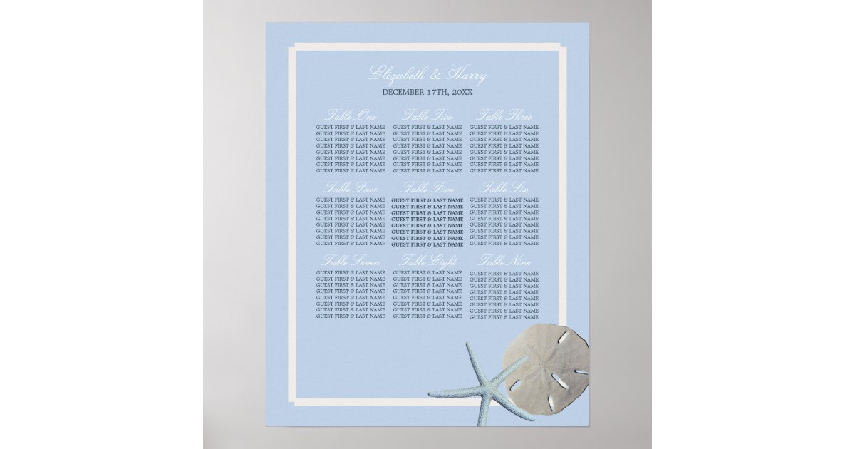 Sand Dollar and Starfish Beach Seating Chart | Zazzle