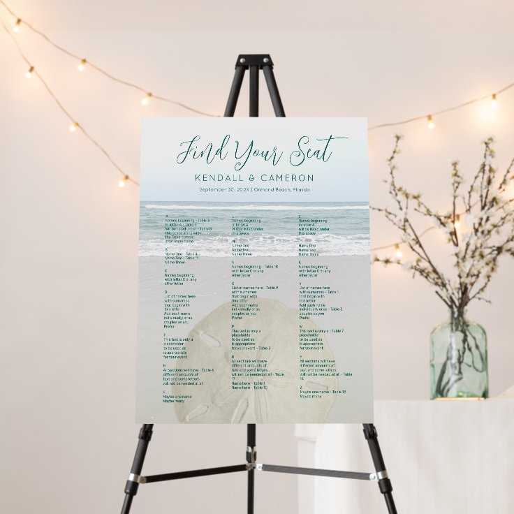 Sand Dollar Beach Alphabetical Seating Chart Foam Board | Zazzle