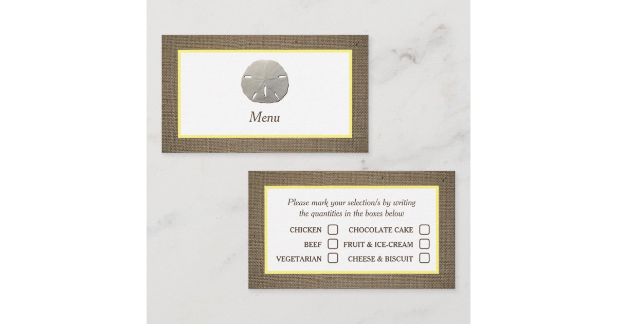 Sand Dollar & Burlap Menu Selection Card | Zazzle