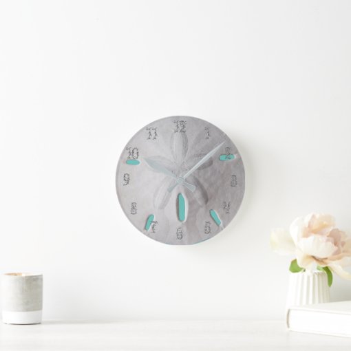 Sand dollar ocean beach white turquoise round clock | Zazzle