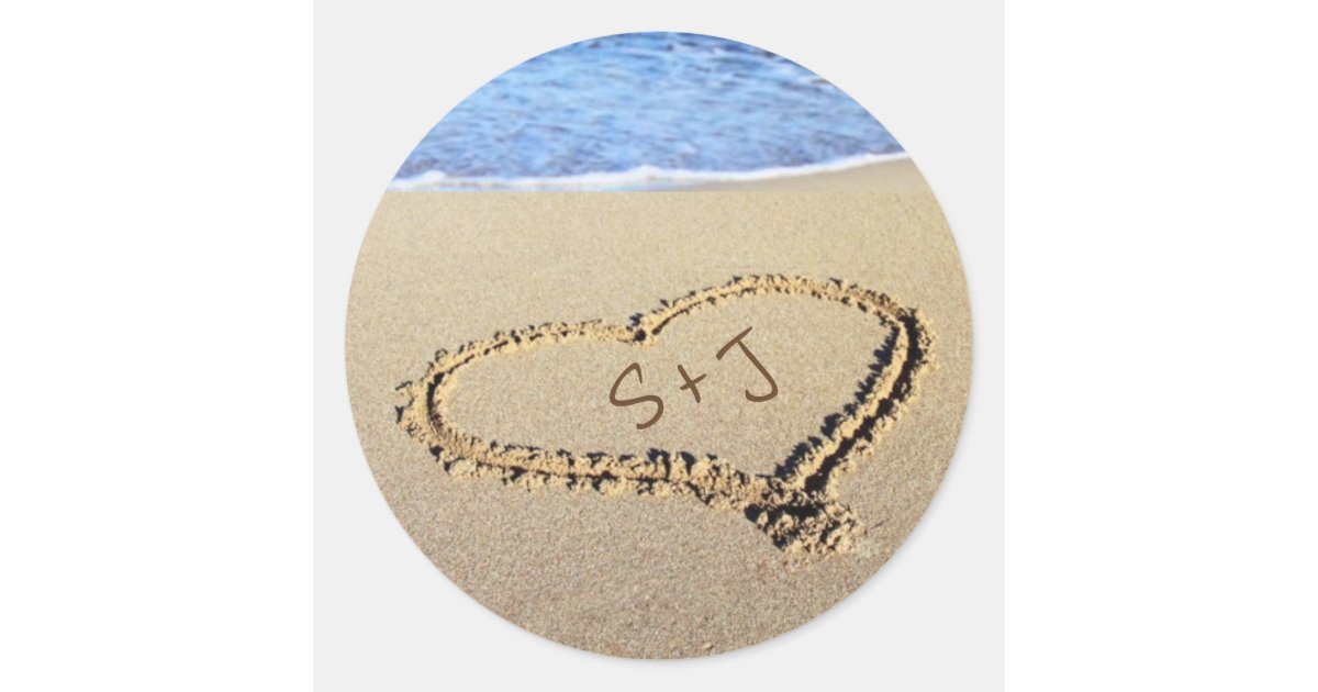 Sand Heart Initials Beach Destination Wedding Classic Round Sticker ...