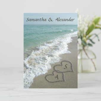 Sand Hearts Initials, Beach Destination Wedding Invitation | Zazzle