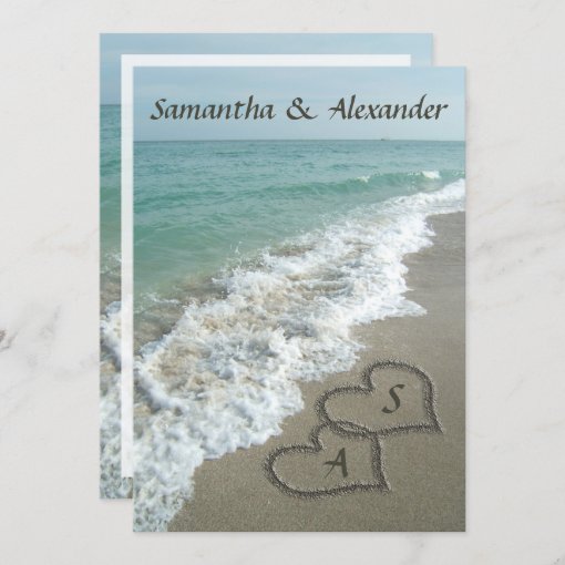 Sand Hearts Initials, Beach Destination Wedding Invitation | Zazzle