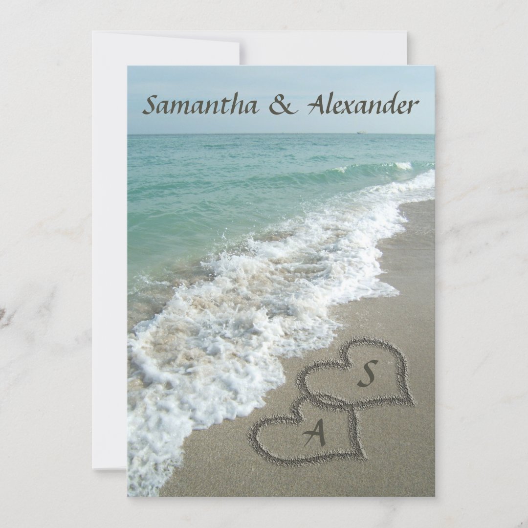 Sand Hearts Initials, Beach Destination Wedding Invitation | Zazzle