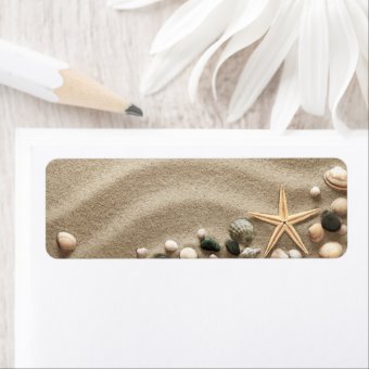 Sandy Beach Background With Shells And Starfish Label | Zazzle