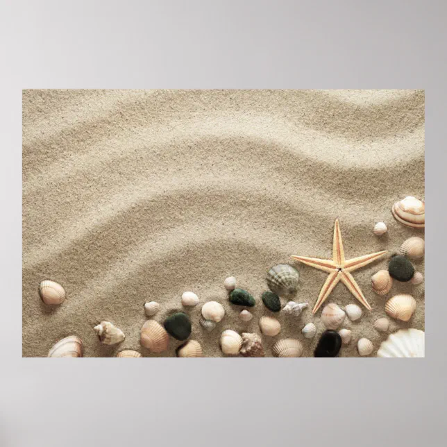Sandy Beach Background With Shells And Starfish Poster | Zazzle