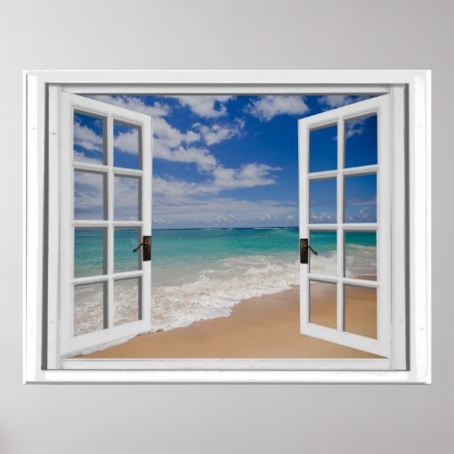 Sandy Beach Ocean View Faux Window Poster | Zazzle