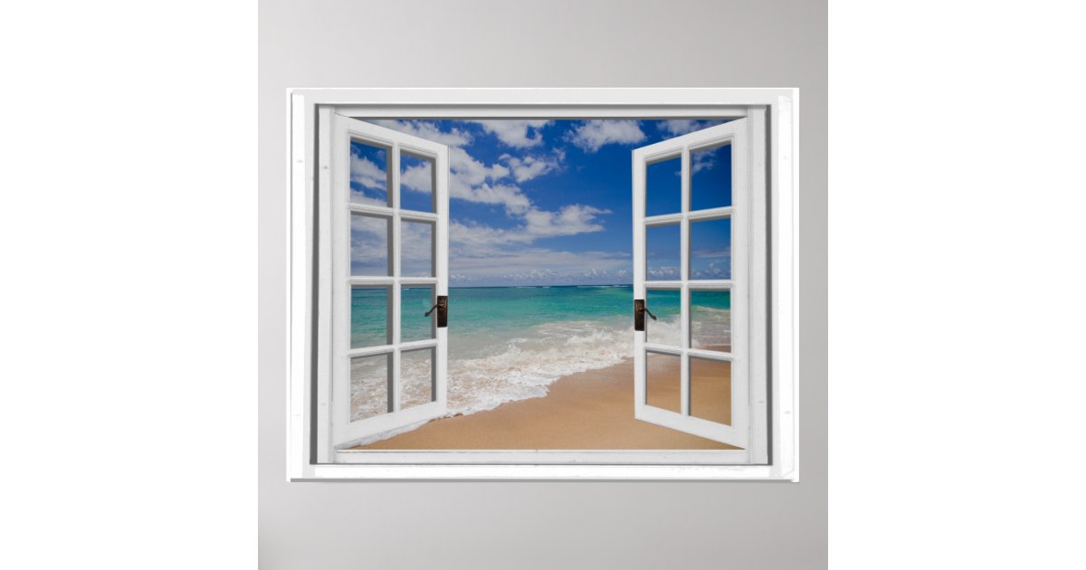 Sandy Beach Ocean View Faux Window Poster | Zazzle