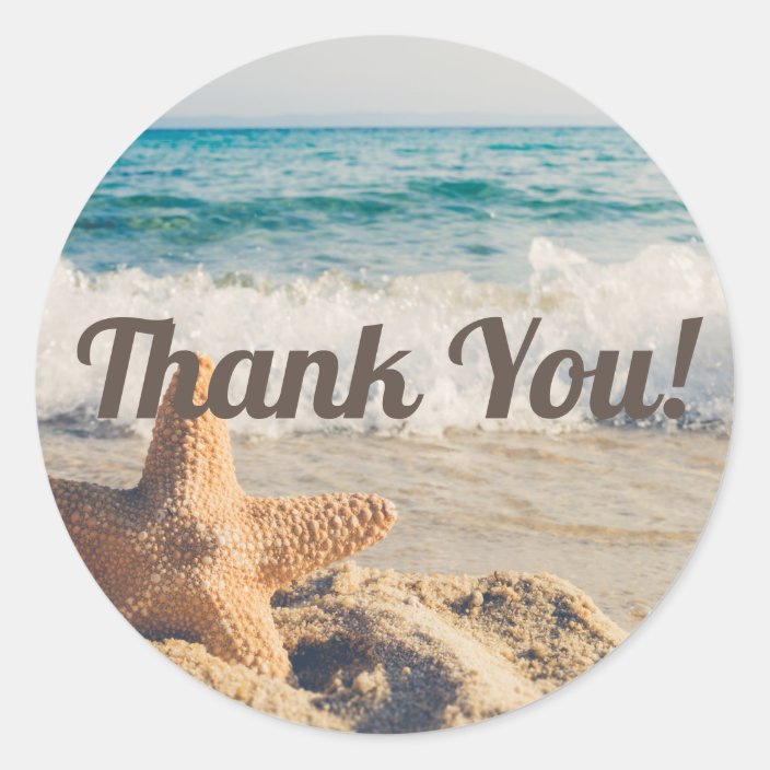 Sandy Beach Ocean Waves Starfish Thank You Classic Round Sticker ...