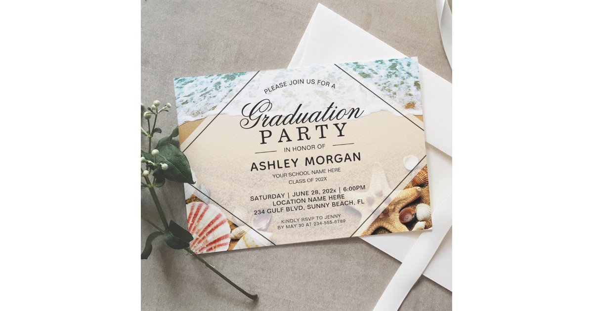 Sandy Beach Starfish Seashell Graduation Party Invitation | Zazzle