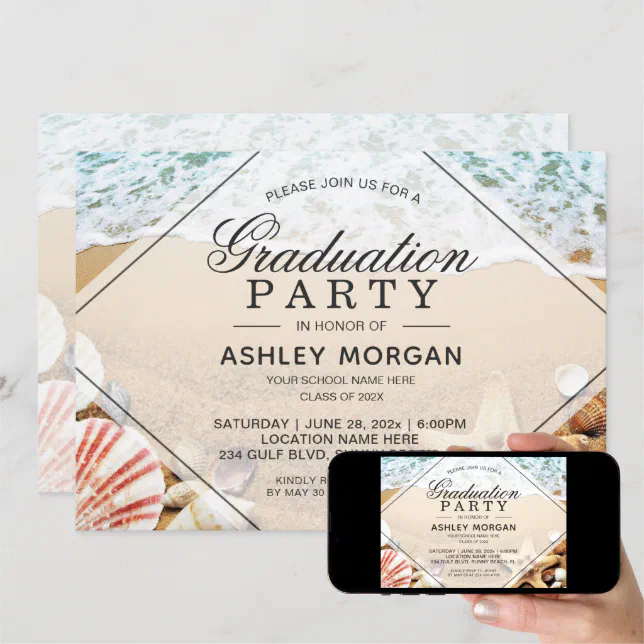 Sandy Beach Starfish Seashell Graduation Party Invitation | Zazzle