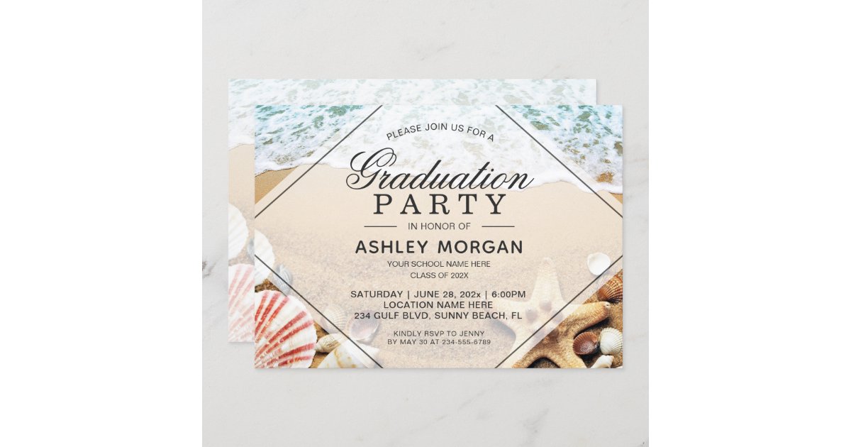 Sandy Beach Starfish Seashell Graduation Party Invitation | Zazzle
