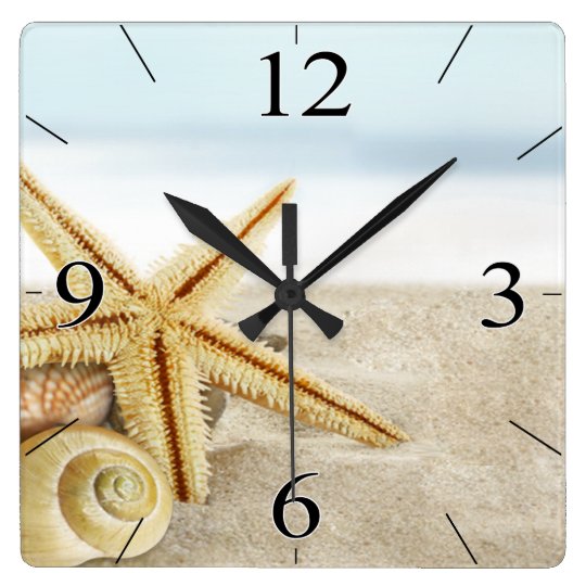 Sandy Beach Starfish Seashells Square Wall Clock | Zazzle.com