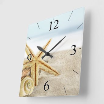 Sandy Beach Starfish Seashells Square Wall Clock | Zazzle
